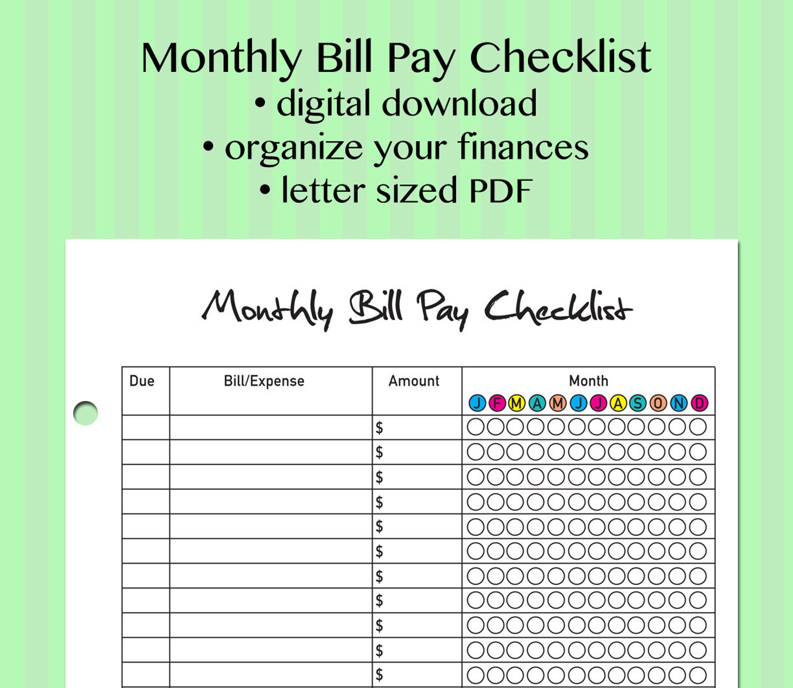 Monthly Bill Pay Checklist | Digital Download | Planner Insert ...
