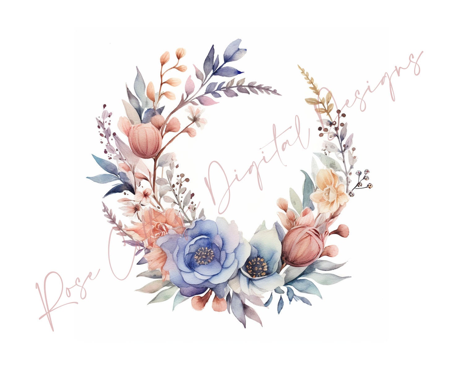 DIGITAL DOWNLOAD Vintage Blush Pink and Dusty Blue Water Colour Flower ...