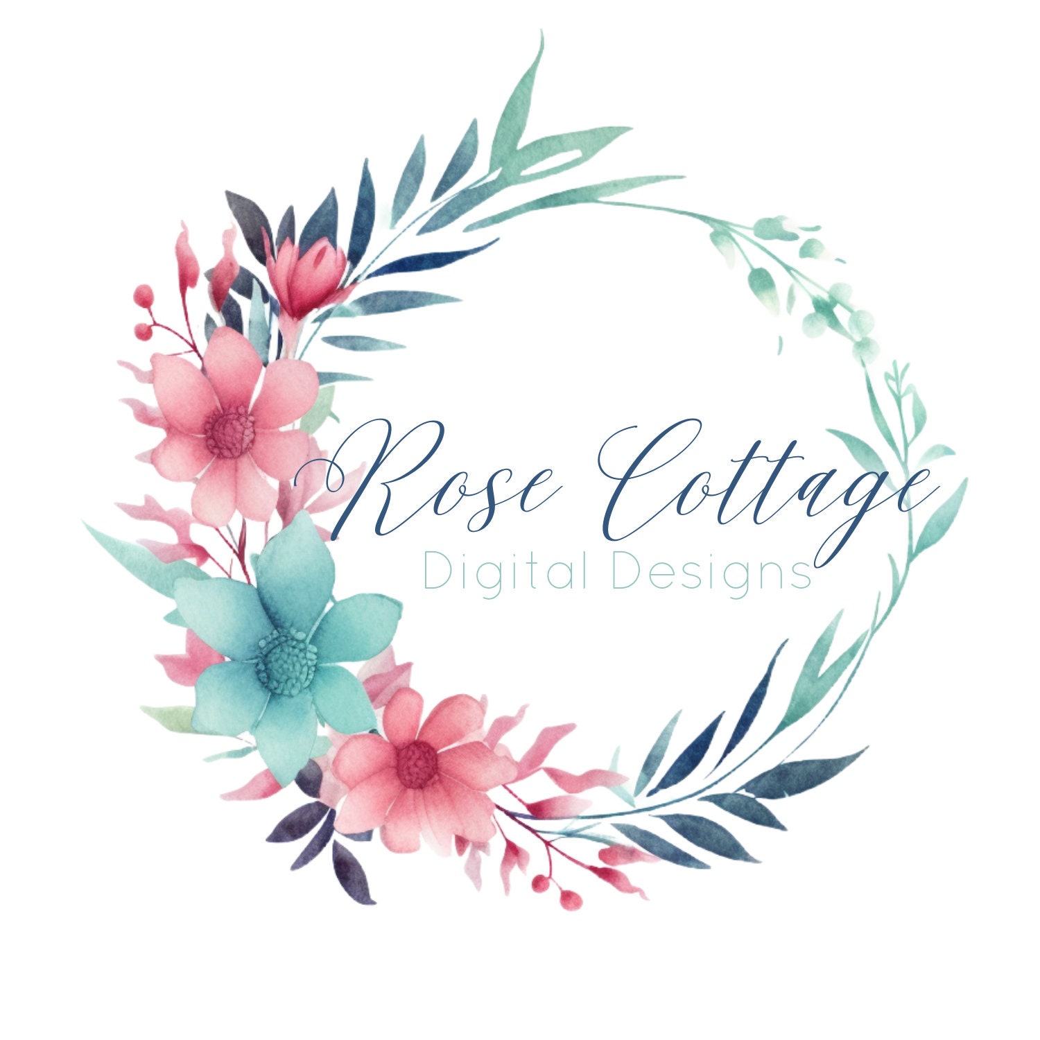 DIGITAL DOWNLOAD Logo Design Floral Wreath Flowers Blue Pink Turquoise ...