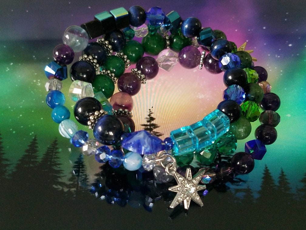 Aurora Borealis Bracelet; Semi Precious and Crystal Ladies Bracelet; Northern Lights Memory Wire ...