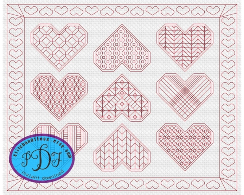 Blackwork Heart Sampler - 9 Patterned Hearts to Stitch - Geometric ...