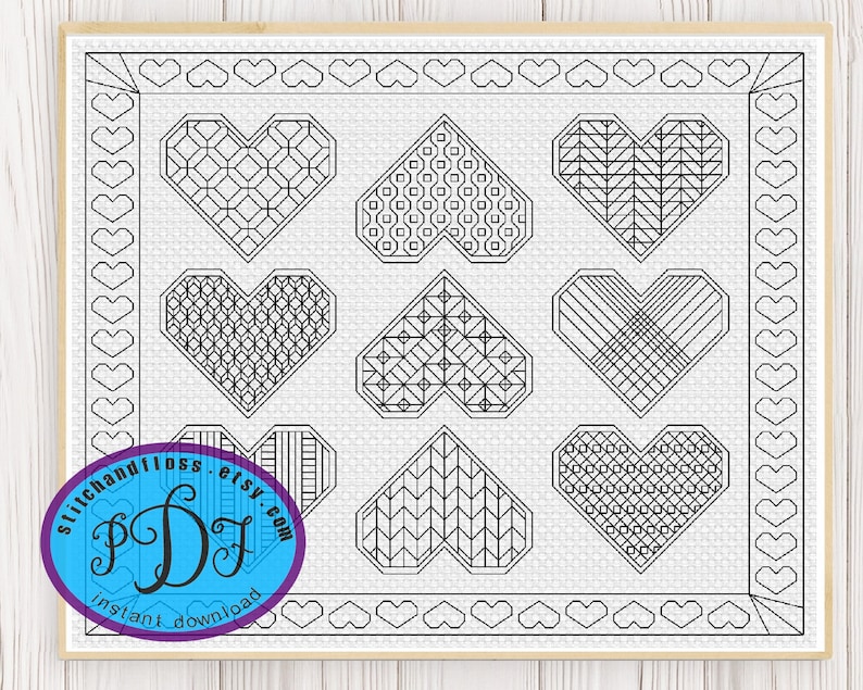 Blackwork Heart Sampler - 9 Patterned Hearts to Stitch - Geometric ...