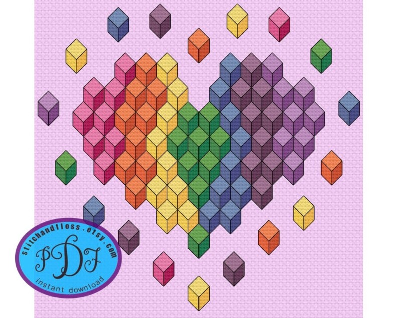 3D Rainbow Cubes Heart Full Color or Blackwork Pattern Small Counted ...