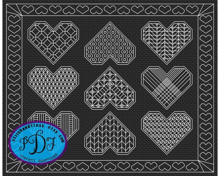 Blackwork Heart Sampler - 9 Patterned Hearts to Stitch - Geometric ...
