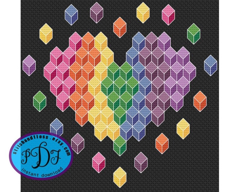 3D Rainbow Cubes Heart Full Color or Blackwork Pattern Small Counted ...
