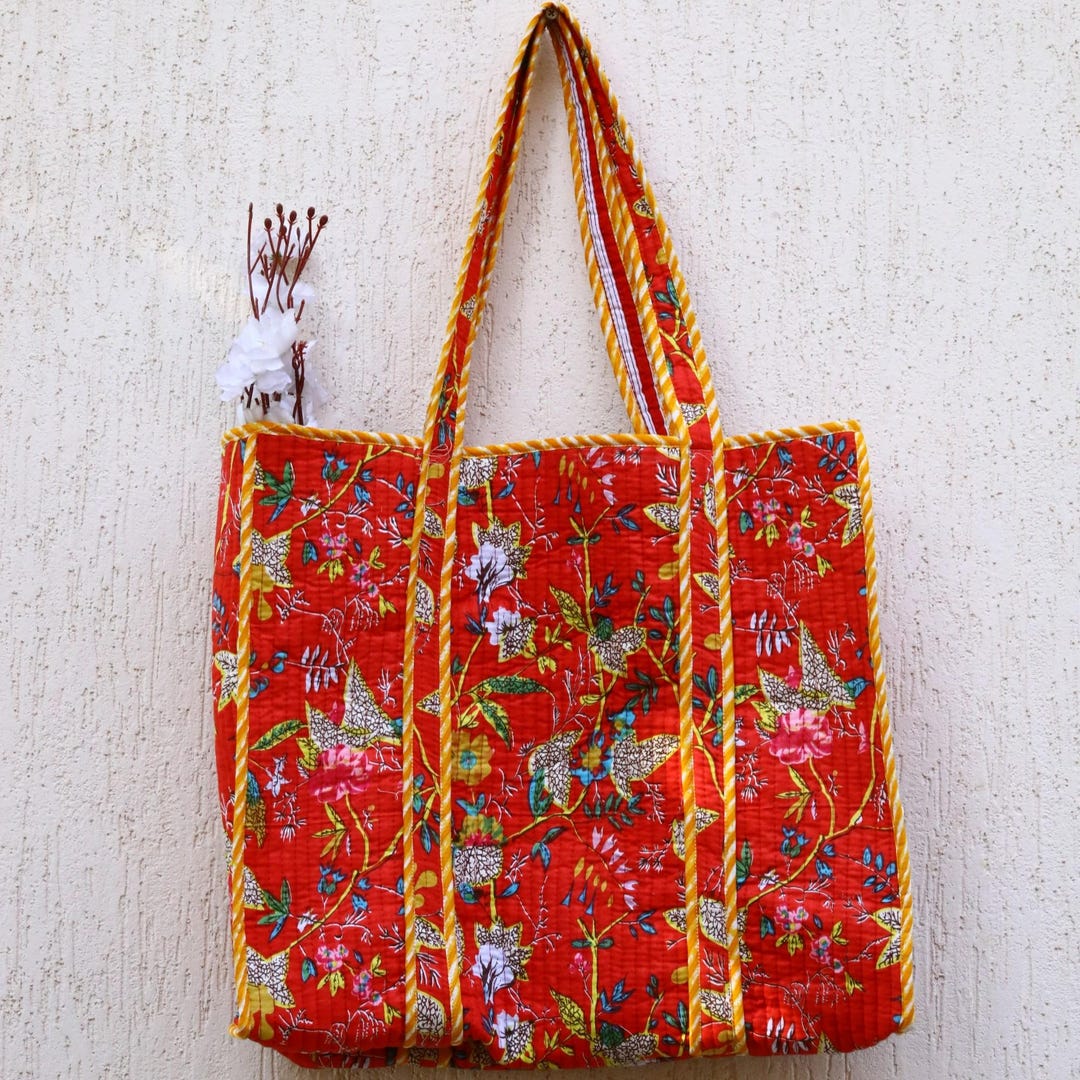 Reversible Red Quilted Tote Bag, Eco-friendly Cotton Shopper, Women's ...