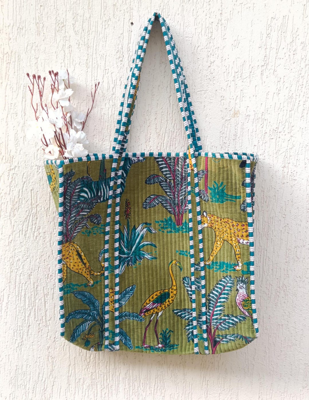 Green Velvet Zebra Design Tote Bag, Hippie Bag Weekend Bag ,women's ...