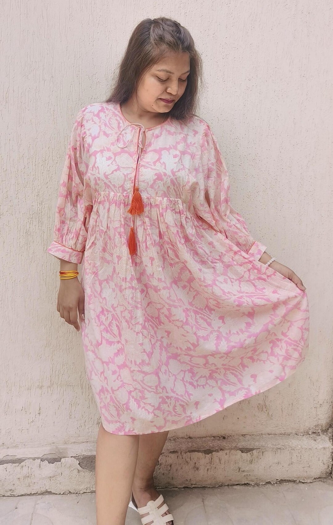 Pink Floral Hand Block Print Cotton Dress: Balloon Sleeve Summer Dress ...