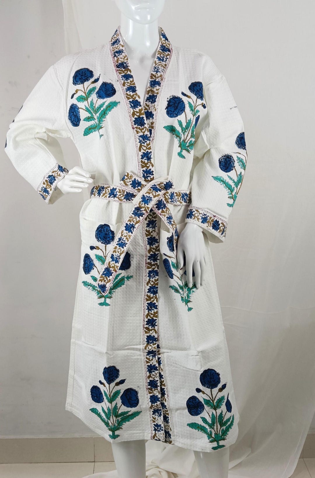 Waffle Bathrobe Poppy Print Hand Block Print Cotton Bathrobe Used Beach ...