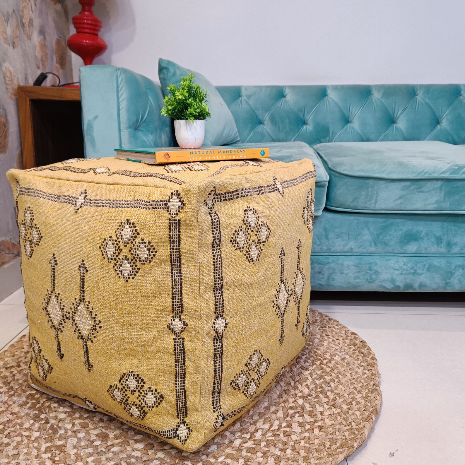 Beautiful Yellow Sabra Pouf Cover Handcraft Ottoman Boho Pouffe Cover ...