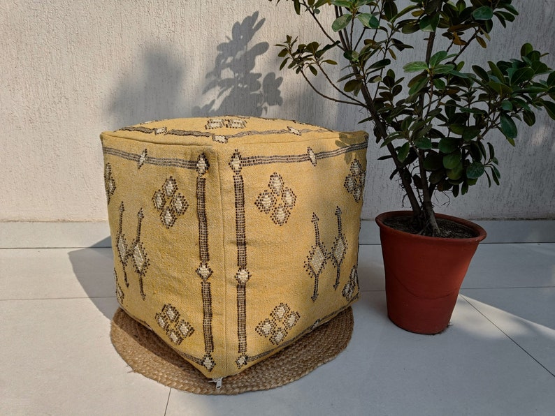 Beautiful Yellow Sabra Pouf Cover Handcraft Ottoman Boho Pouffe Cover ...