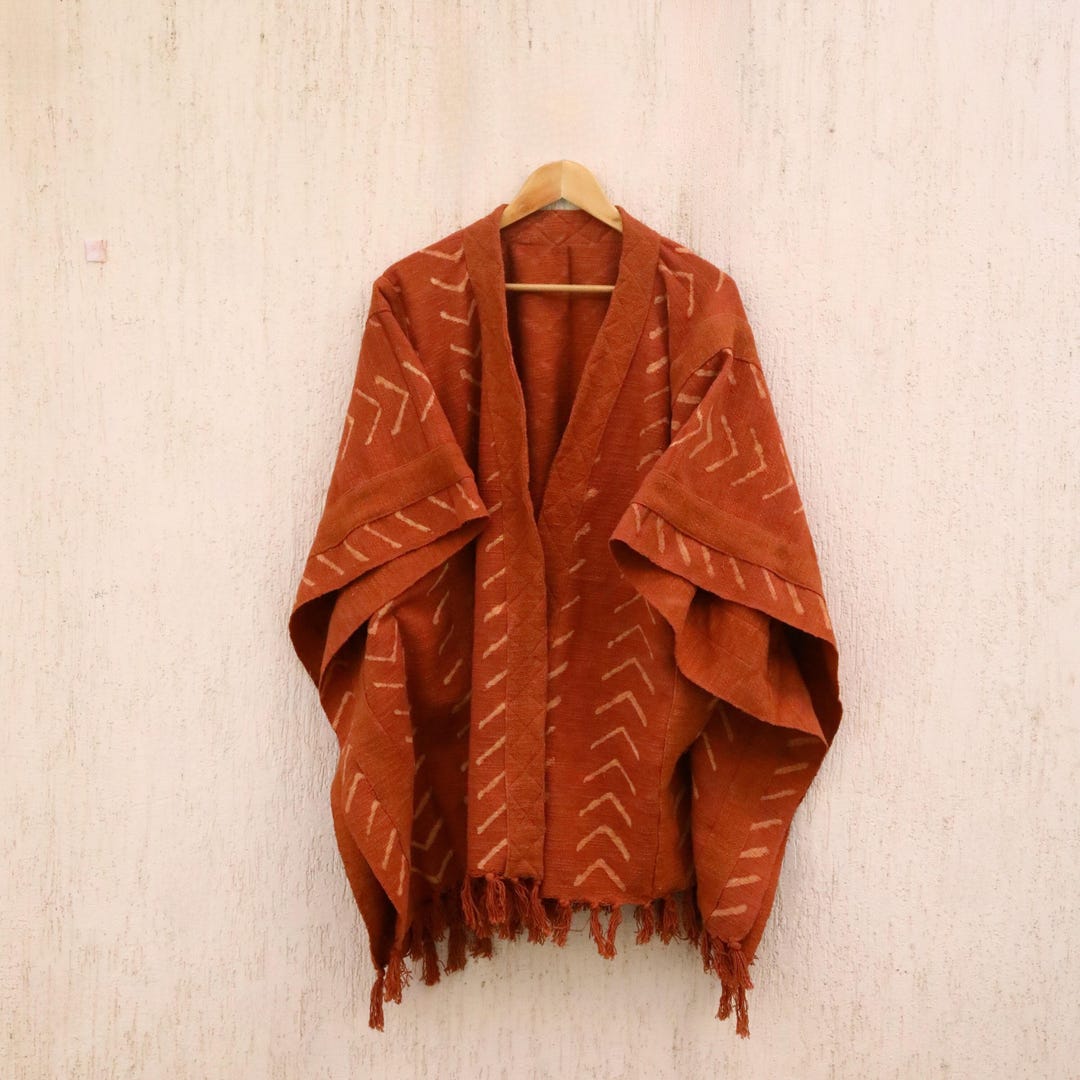 Mudcloth Pocho Rust Block Print Shrug Cotton Handloomed Robe Jacket 3/4 ...