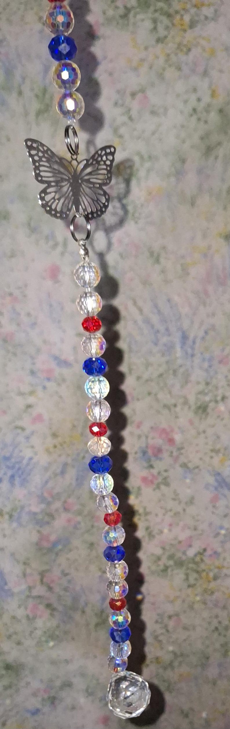 Red White Blue Butterfly Suncatcher, Faceted Glass Beads, Crystal Prism ...