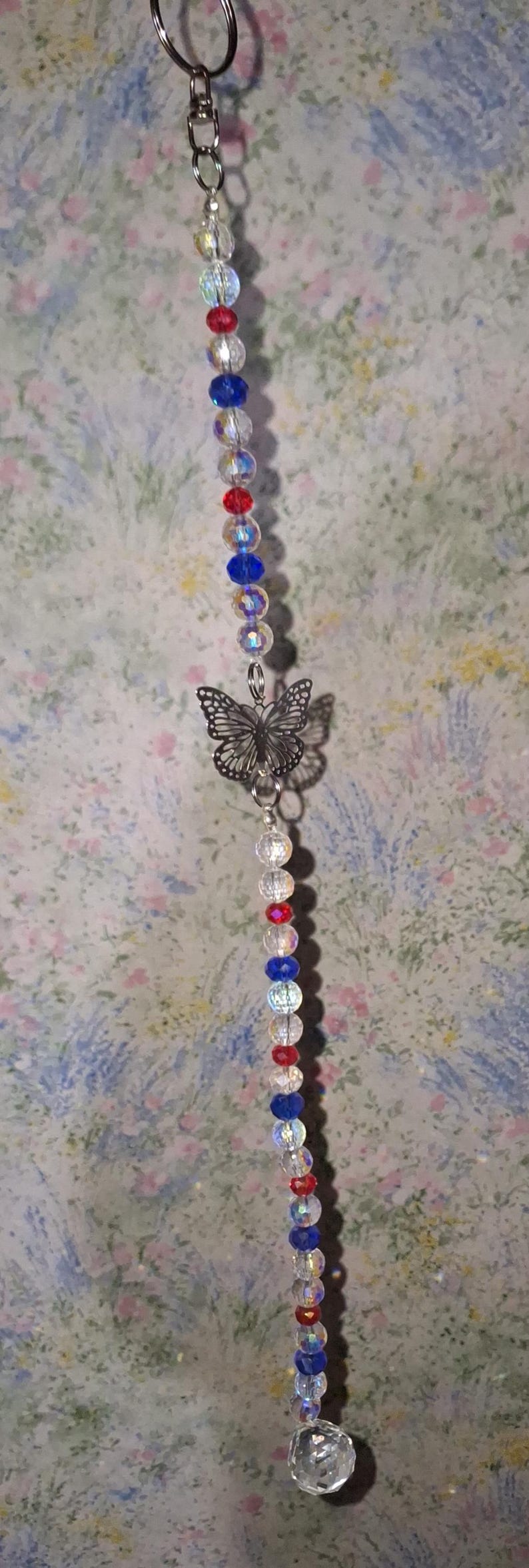 Red White Blue Butterfly Suncatcher, Faceted Glass Beads, Crystal Prism ...