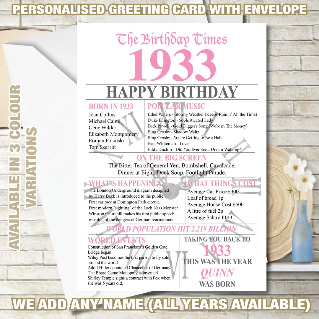 Birthday Card 90th 1934 Personalised UK Greeting Card Back in the Year ...