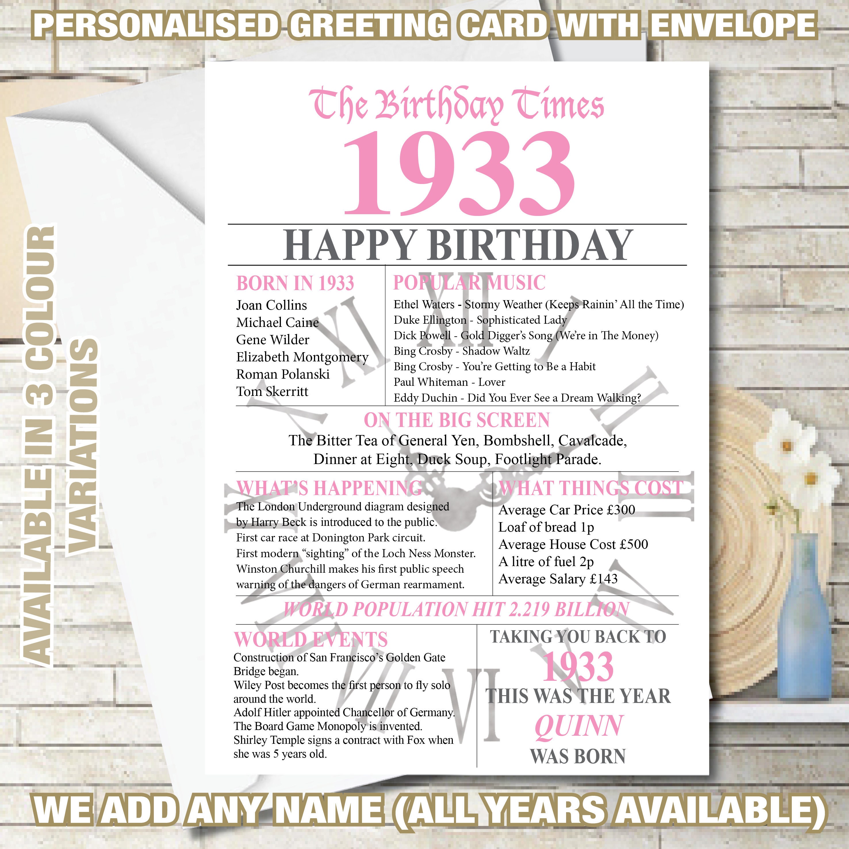 Birthday Card 90th 1934 Personalised UK Greeting Card Back in the Year ...