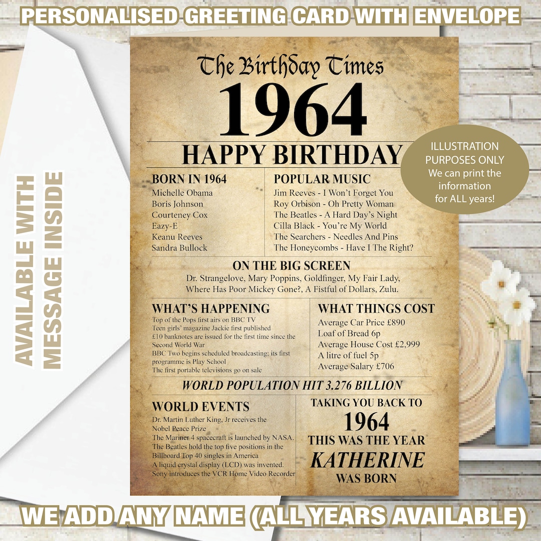 Birthday Card 60th 1964 Personalised Kraft UK Greeting Card Back in the ...