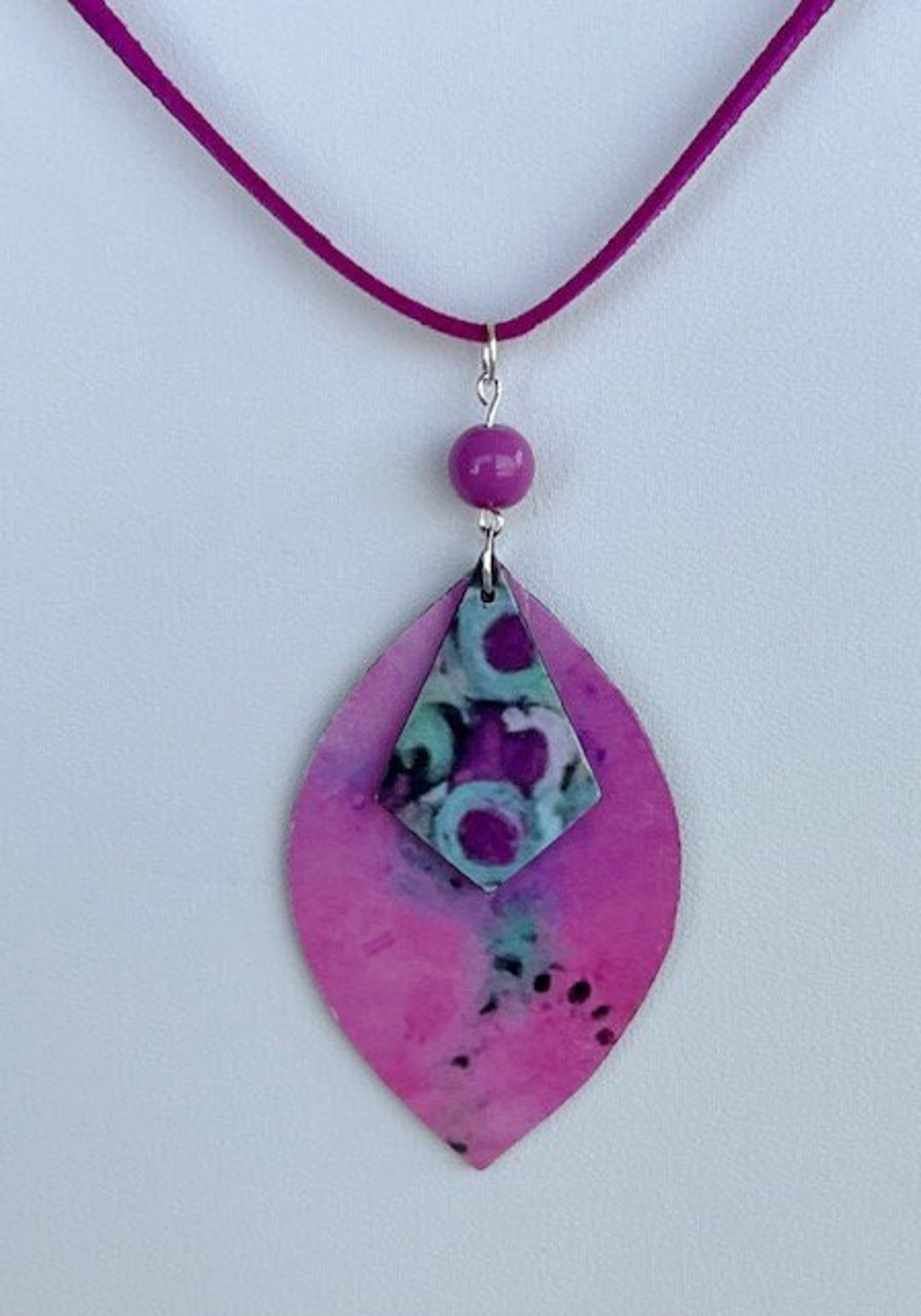 Wood Decoupage Pendant, Abstract, Lightweight, Fushia, Green and Black ...