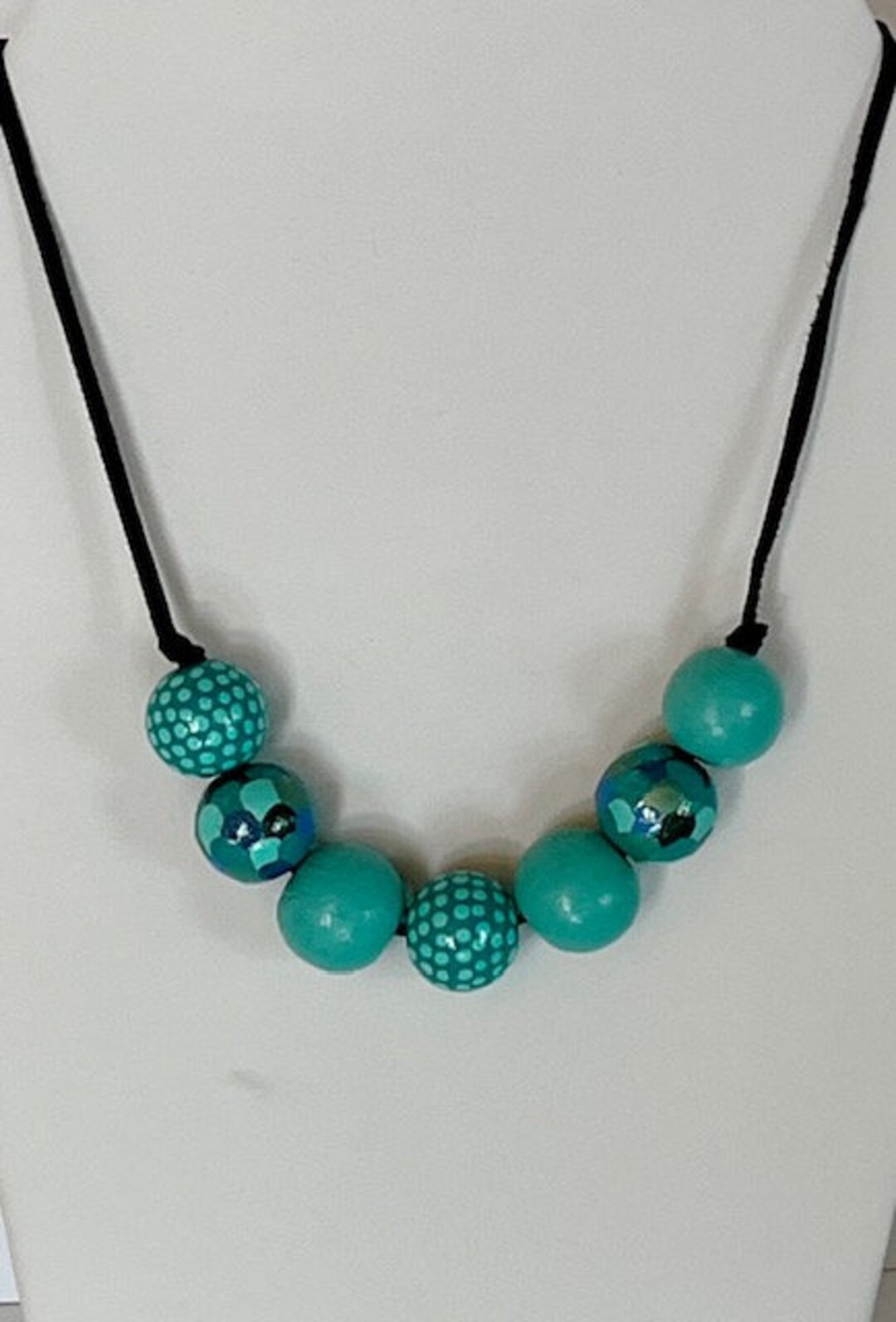 Wood Bead Swag Necklace in Blues and Greens, Painted, Lightweight ...