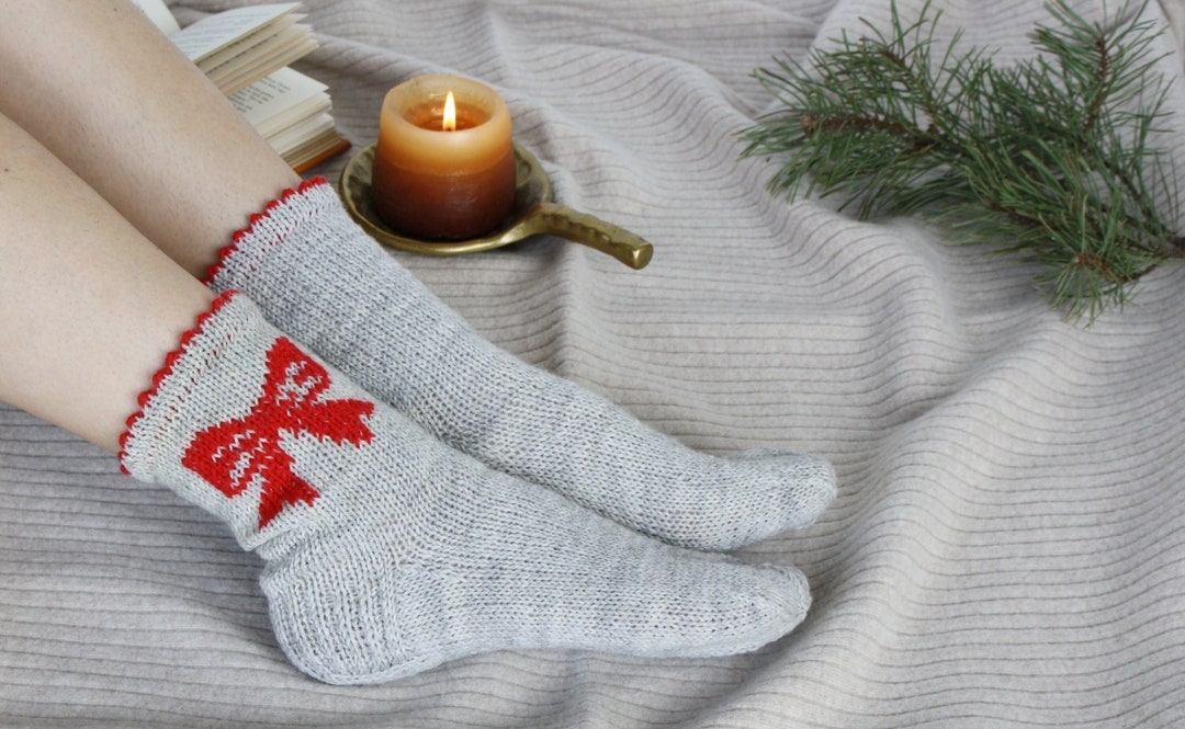 Christmas Bow Socks Cute Winter Socks Women's Knit Socks Lazy Day Socks ...