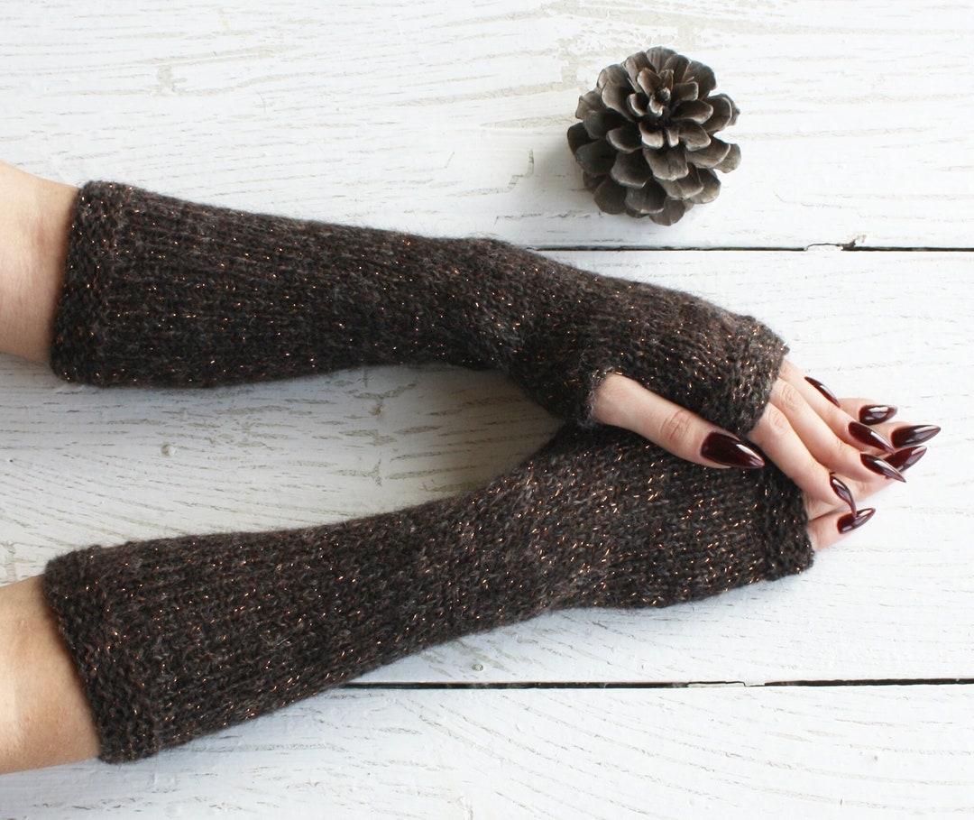 Shiny Gold Long Winter Wool Gloves Fingerless Gloves Women's Arm ...