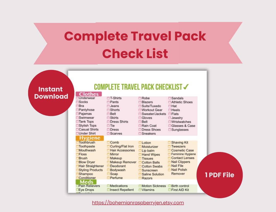 Complete Travel Packing Checklist - Printable PDF | Travel Essentials ...