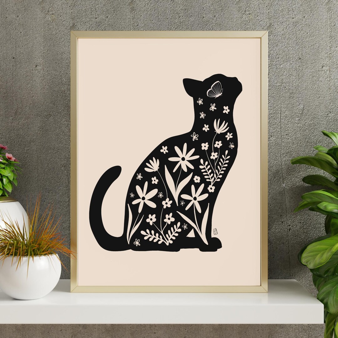 Modern Graphic Floral Cat Art Print Black Cat With Flowers and ...