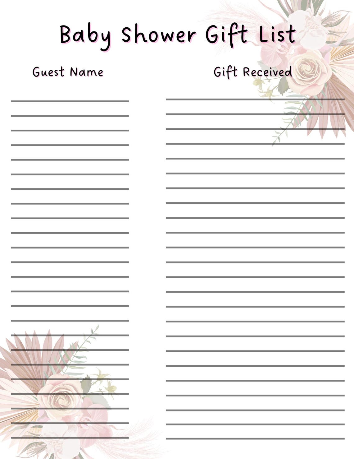 Girl Baby Shower Checklist Baby Shower Guest List Baby Shower Gift List ...