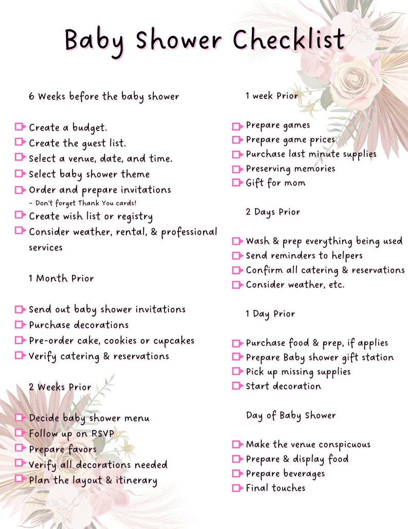 Baby Shower Checklist, Guest & Gift List (PDF) - Etsy
