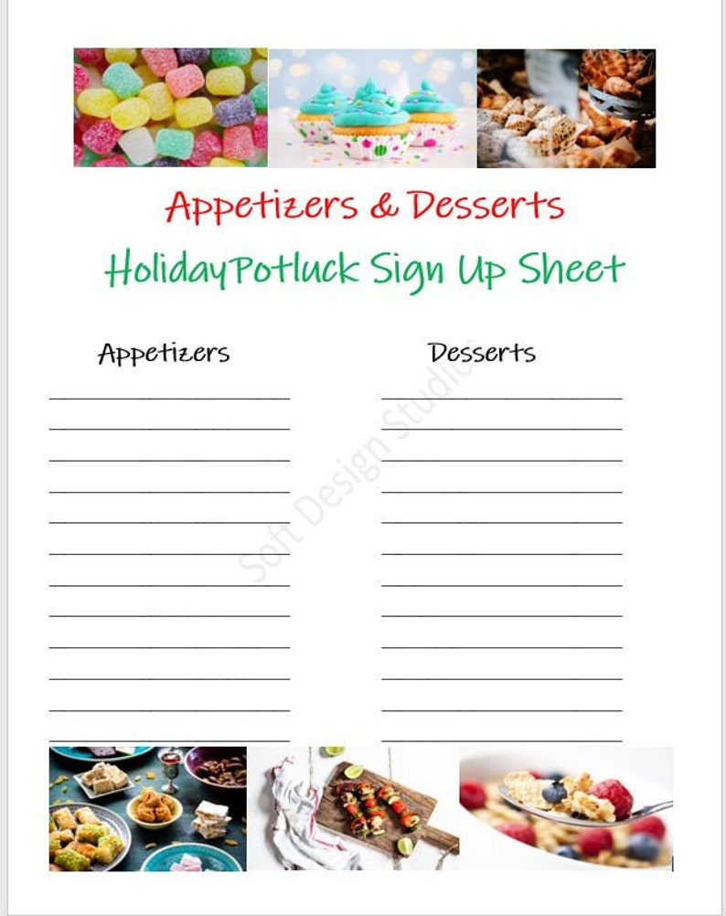 Holiday Potluck Sign up Sheet, Appetizers and Desserts, Holiday Sign Up ...