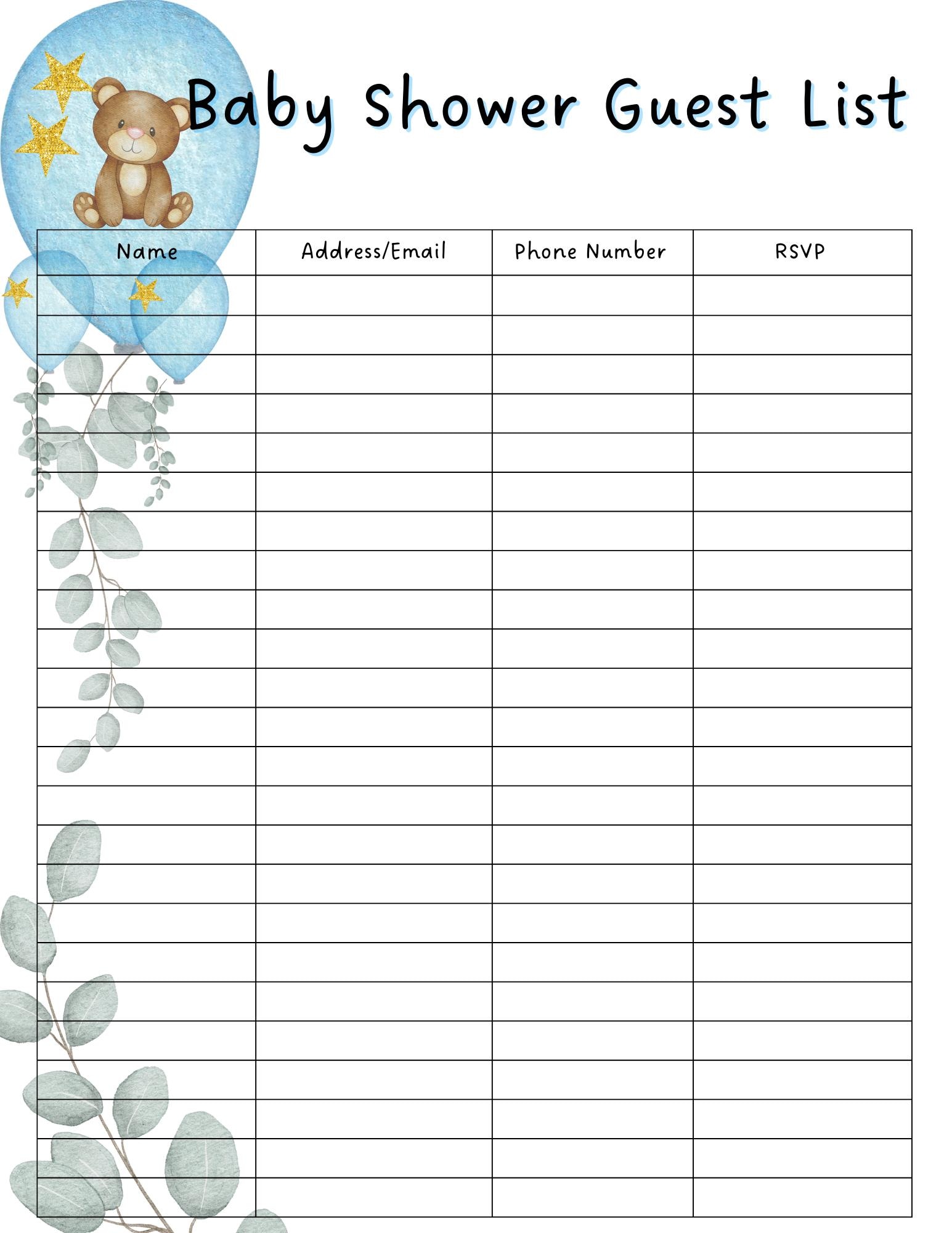 Baby Shower Checklist Baby Shower Guest List Baby Shower Gift List Blue ...