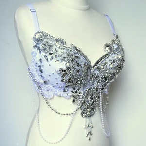 White Rave Bra and Half Tutu Bustle, Silver White Rave Bra Made to ...