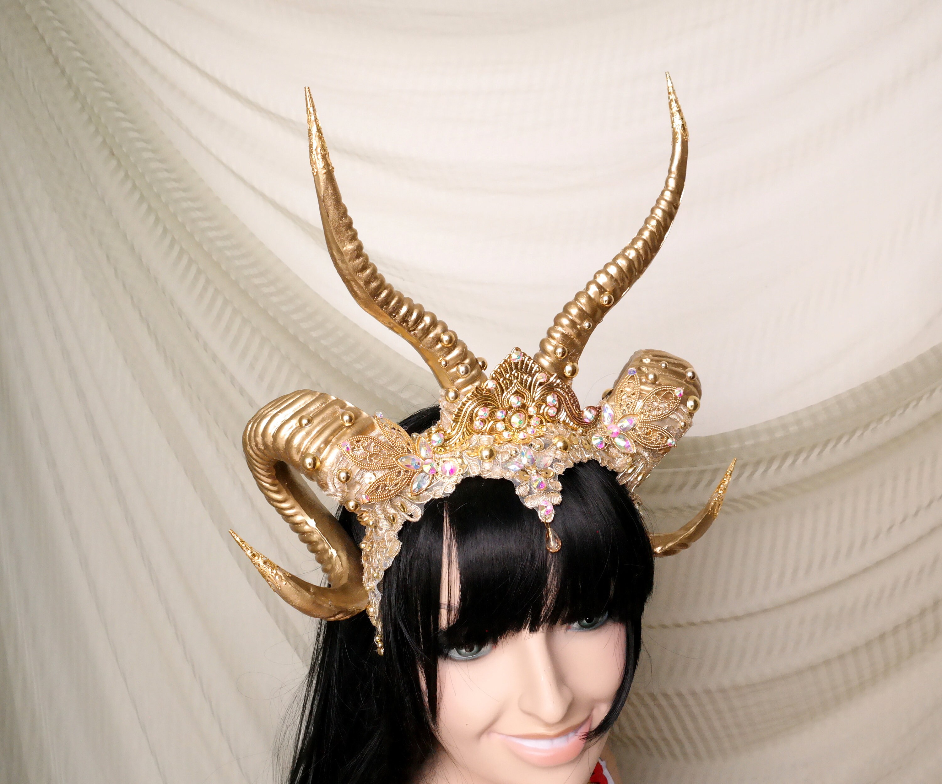 Horns Headdress, Witch Gold Demon Double Antler Headpiece, Festival ...
