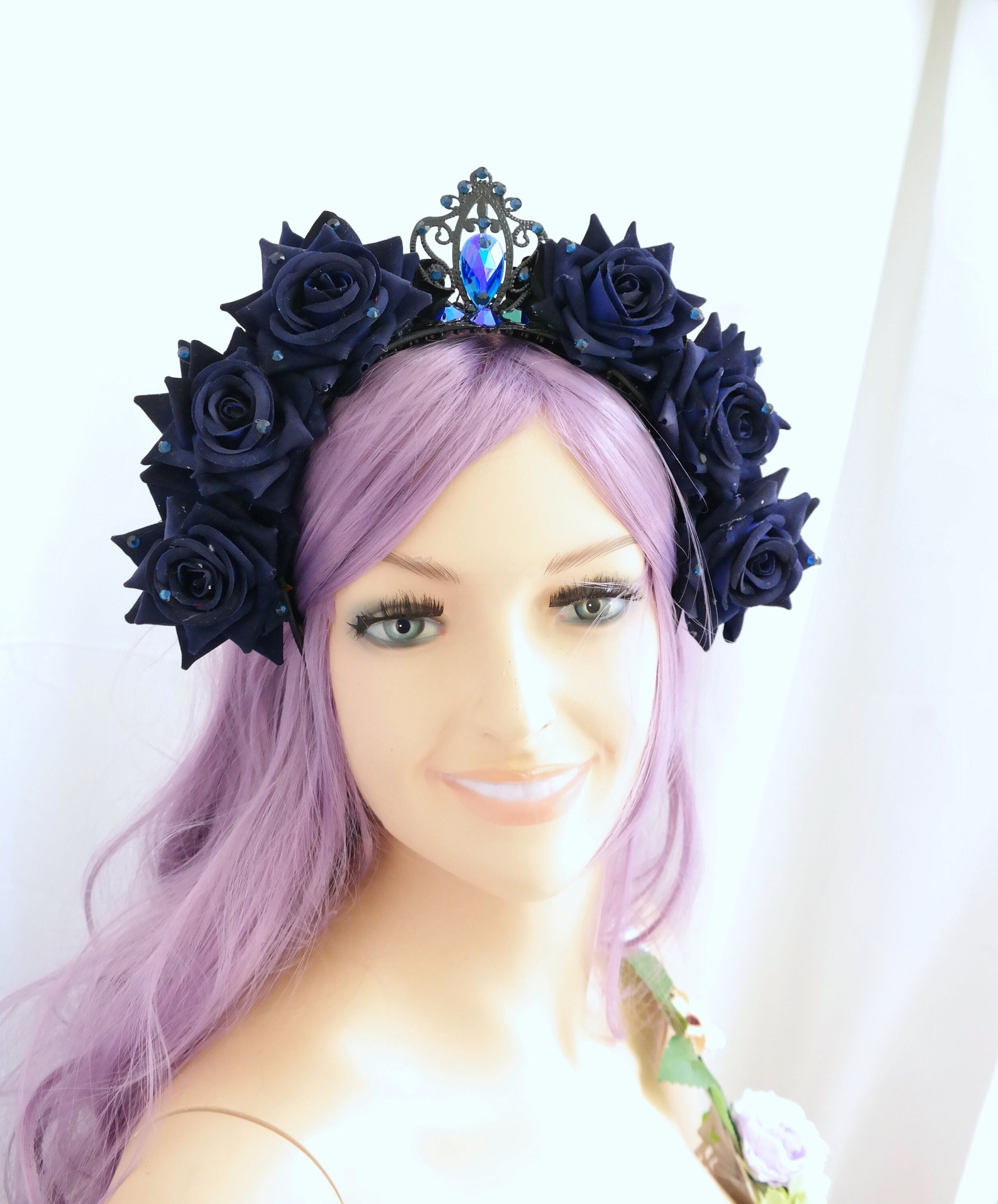 Blue Roses Flower Crown, Evil Queen Gothic Headdress. Black and Silver ...