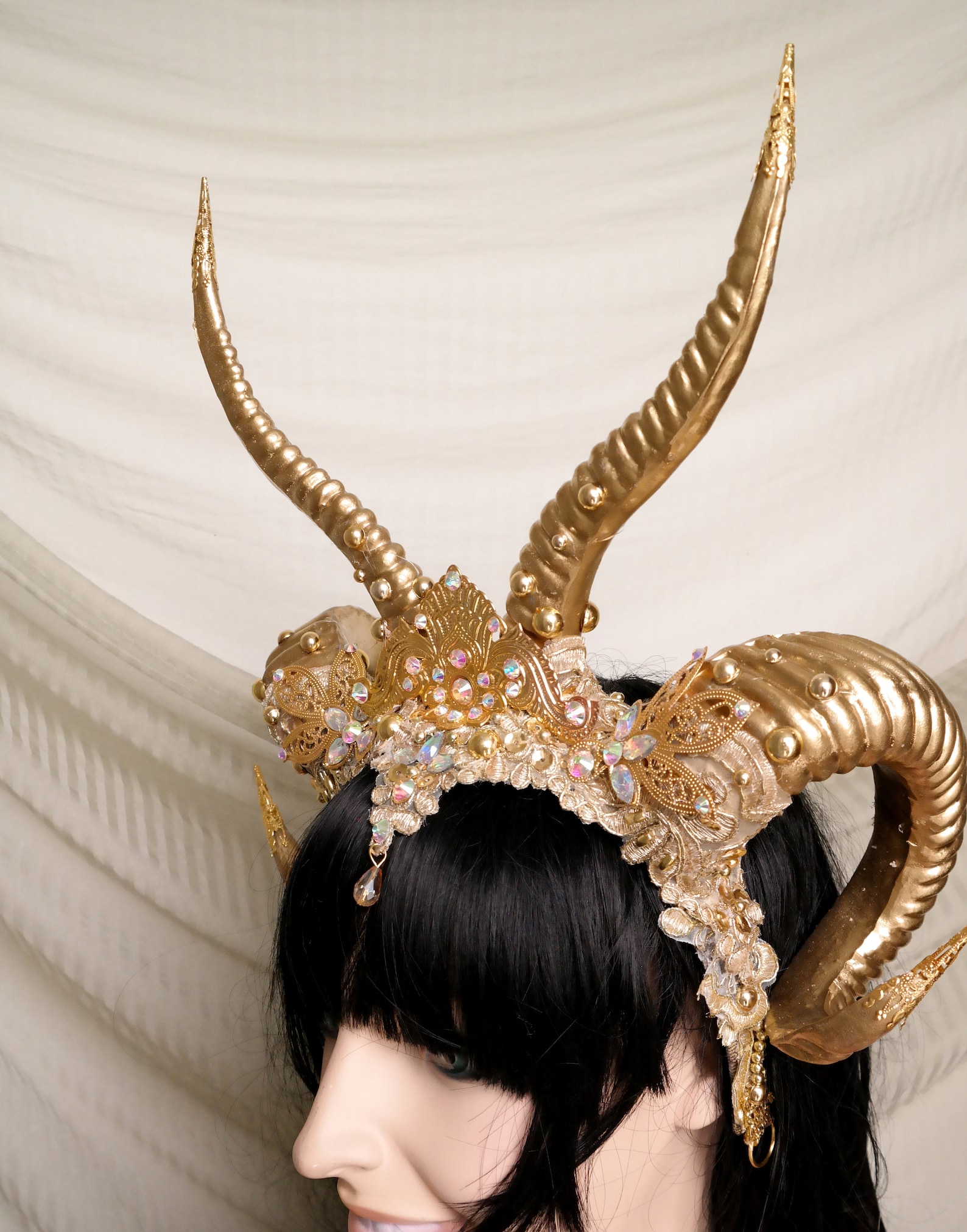 Horns Headdress, Witch Gold Demon Double Antler Headpiece, Festival ...