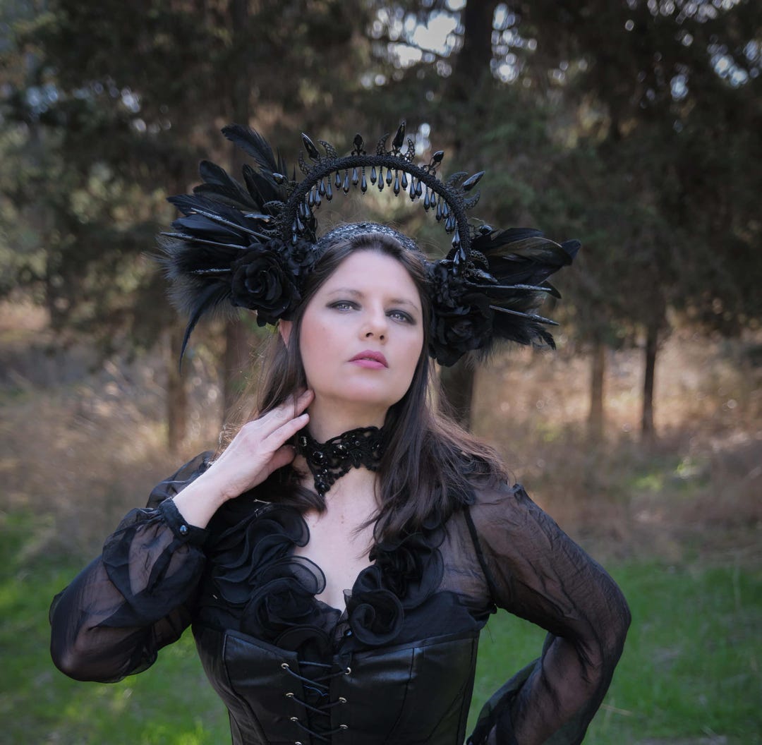 Valkyrie Black Feather Headpiece, Wings Gothic Headpiece With Flowers ...