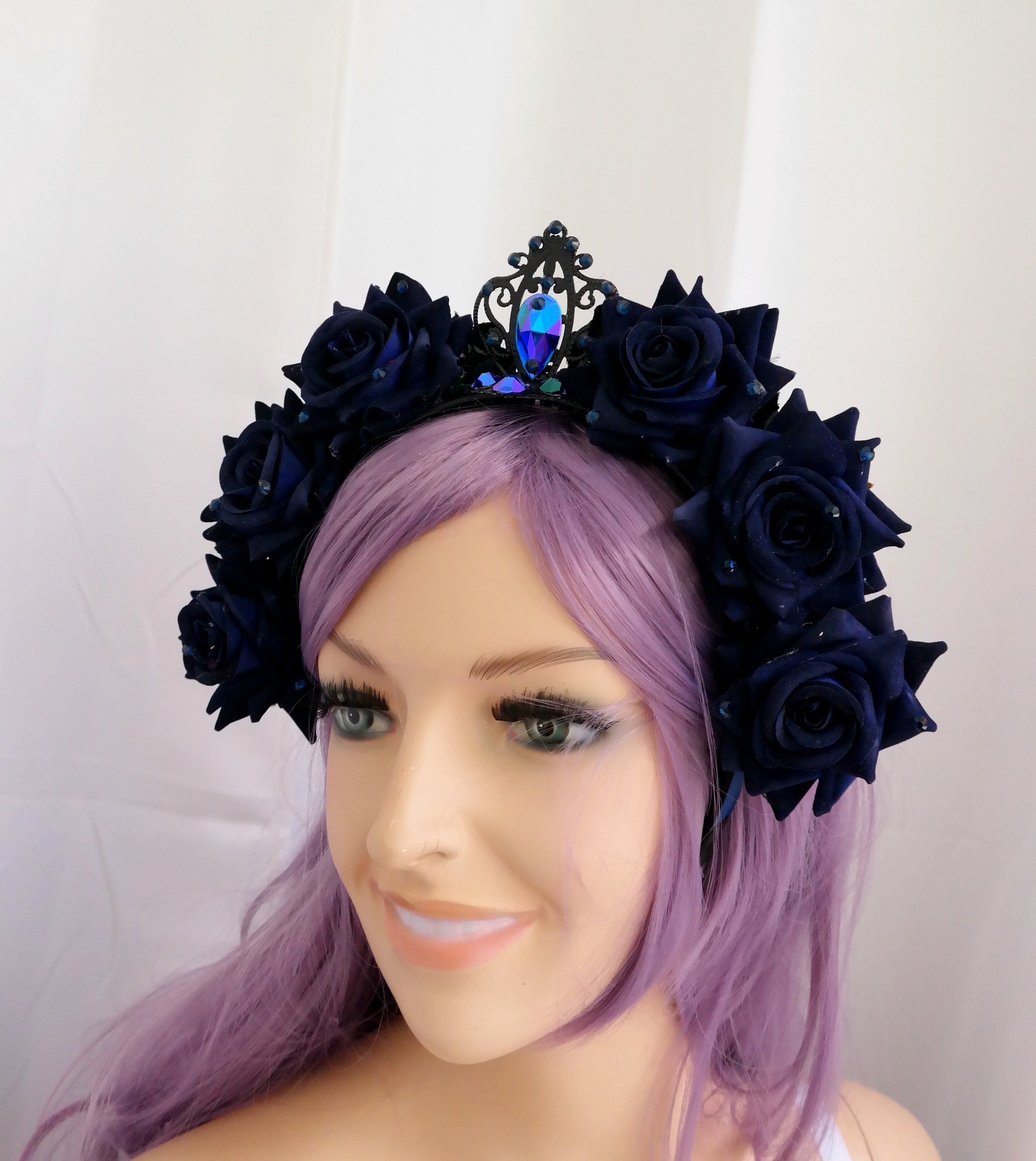 Blue Roses Flower Crown, Evil Queen Gothic Headdress. Black and Silver ...