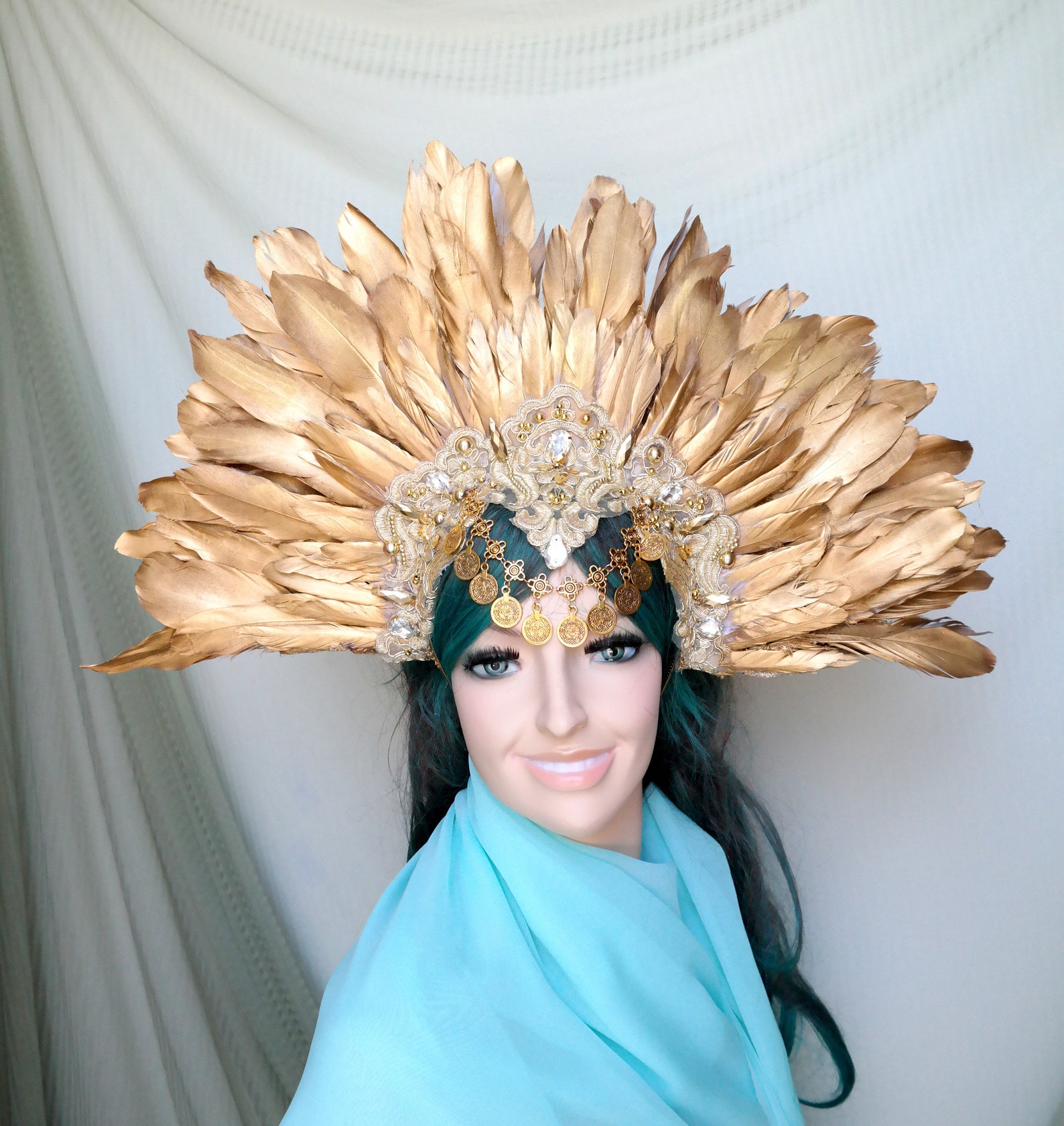 Gold Feather Crown, Cleopatra Egyptian Queen, Gold Goddess Headpiece ...