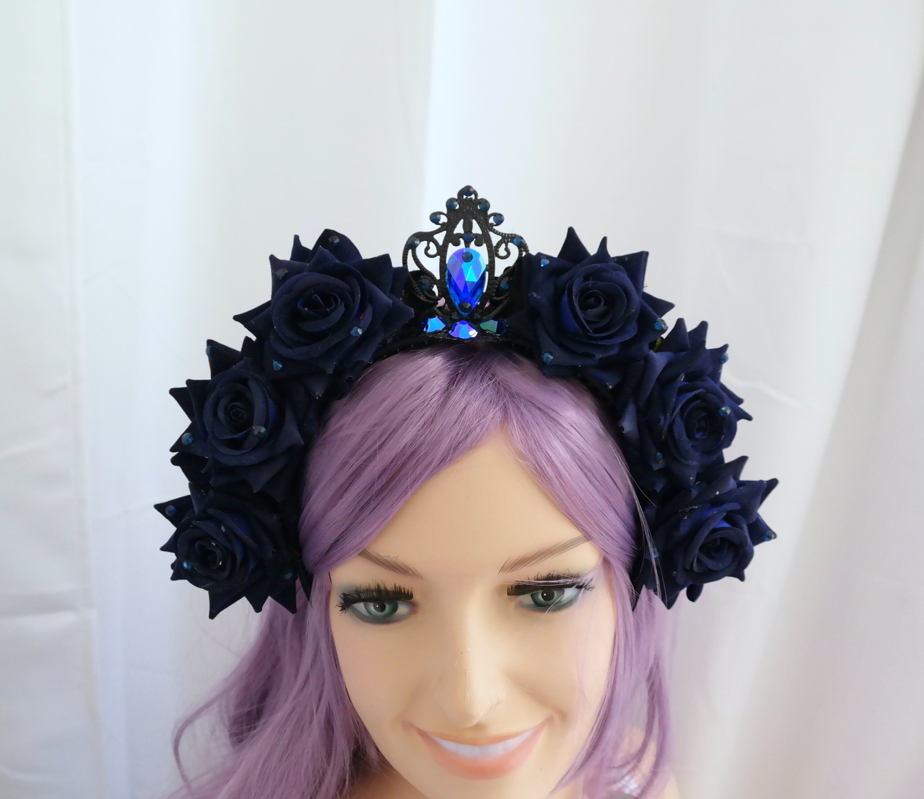 Blue Roses Flower Crown, Evil Queen Gothic Headdress. Black and Silver ...