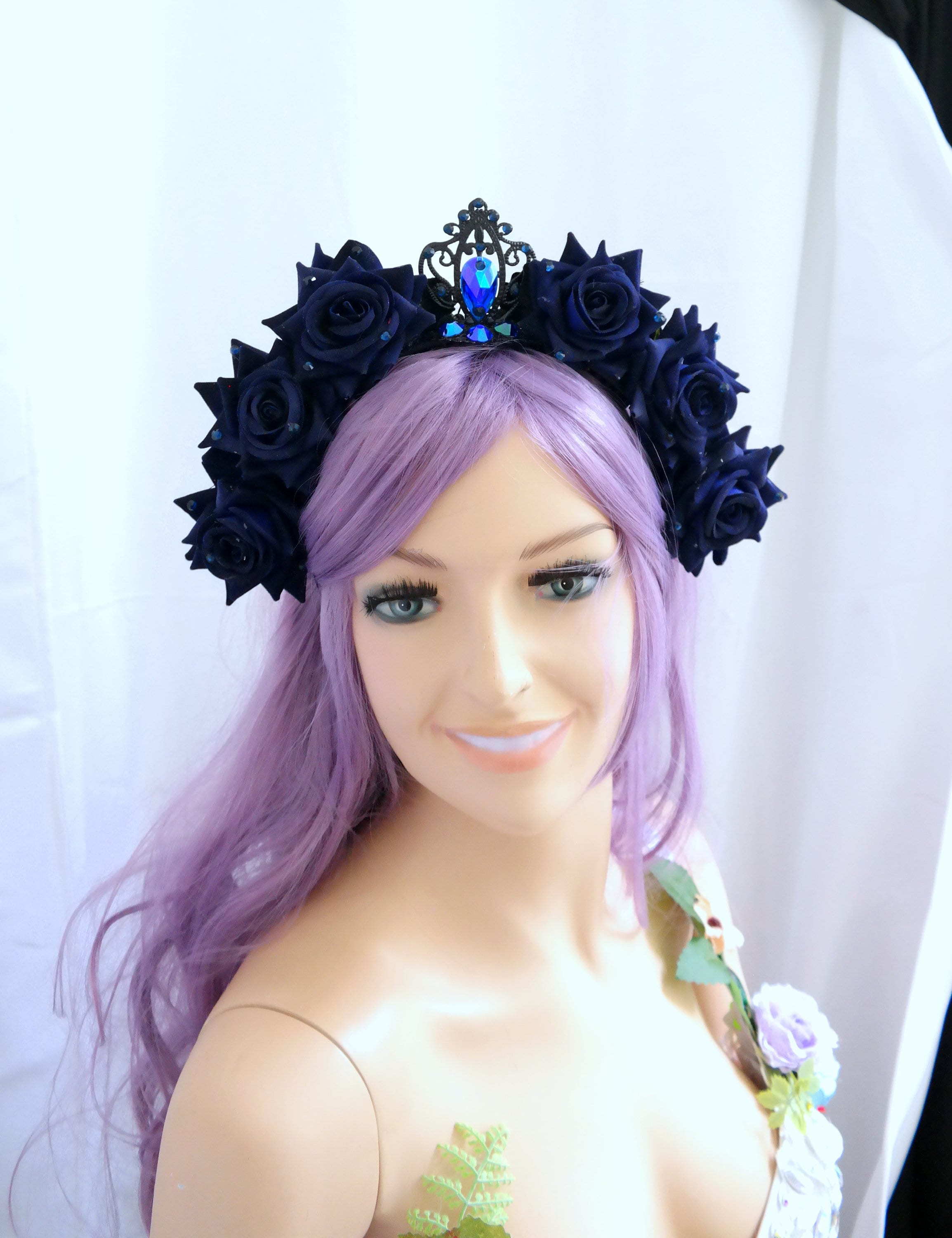 Blue Roses Flower Crown, Evil Queen Gothic Headdress. Black and Silver ...