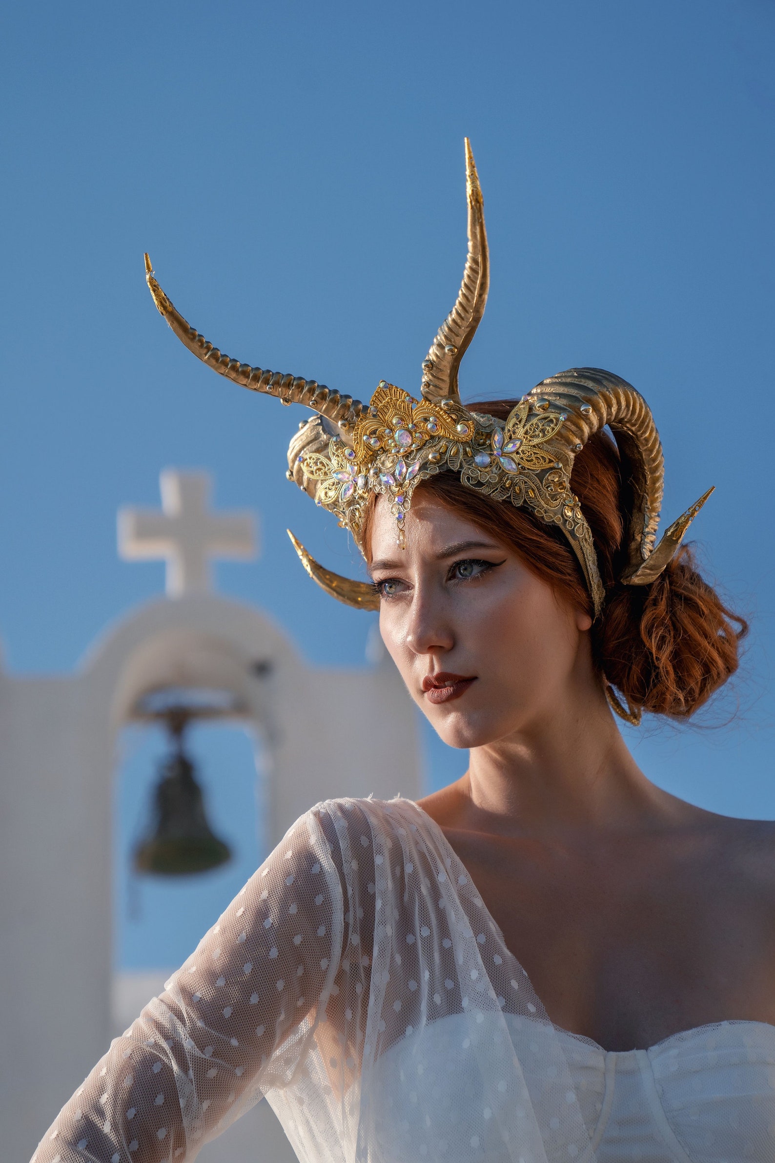 Horns Headdress, Witch Gold Demon Double Antler Headpiece, Festival ...
