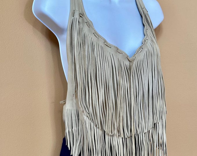 Vintage Beige Leather Halter Top With Fringe - Etsy