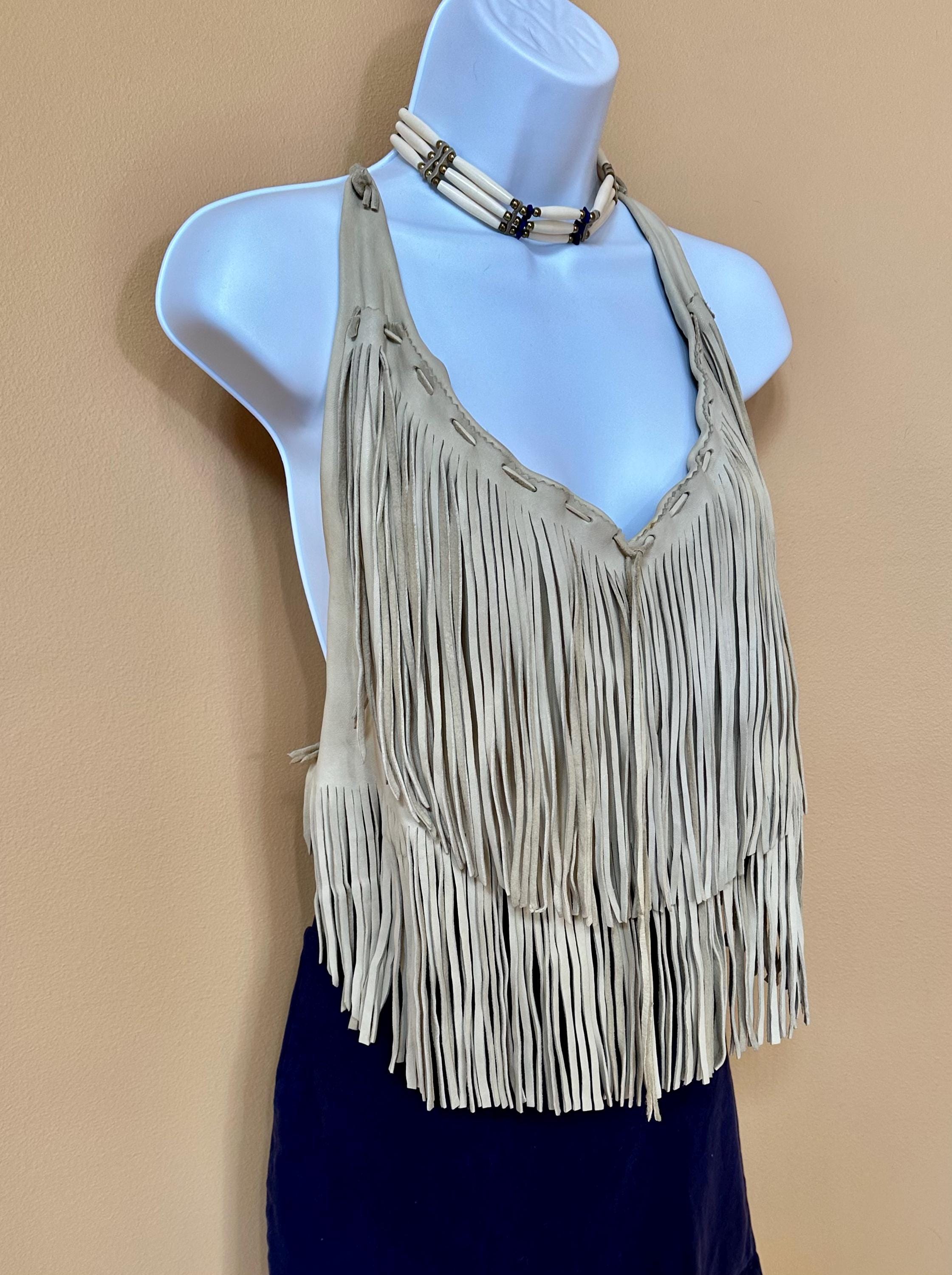 Vintage Beige Leather Halter Top With Fringe - Etsy