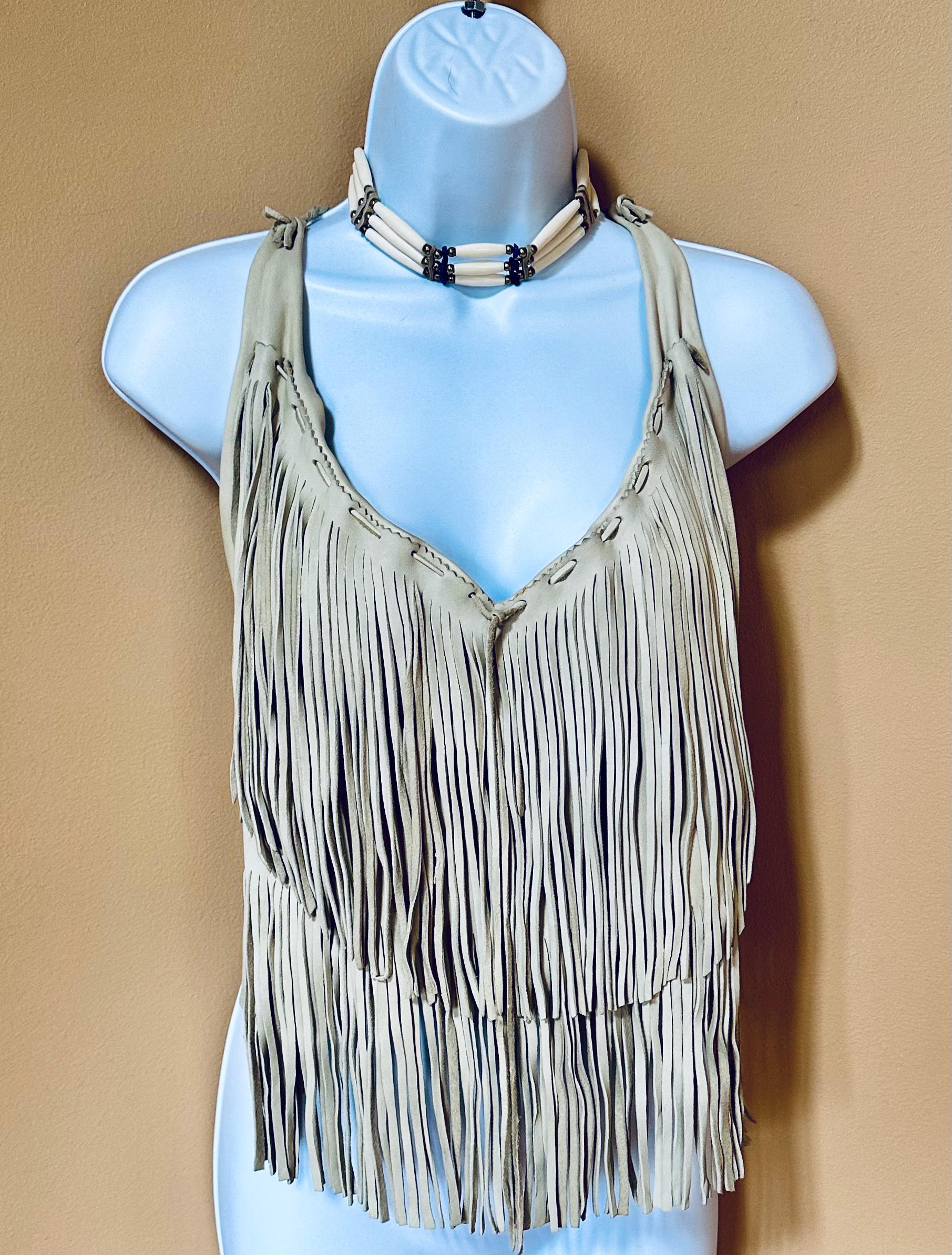 Vintage Beige Leather Halter Top With Fringe - Etsy