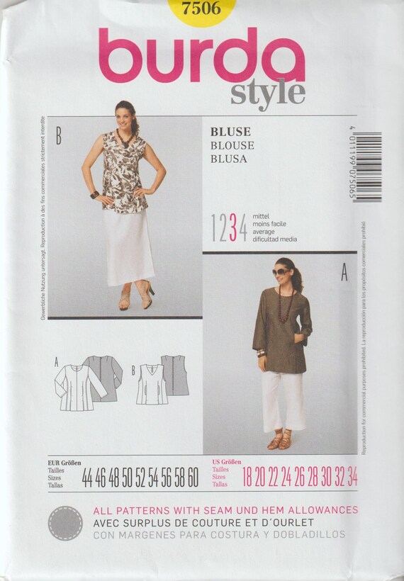 Burda Uncut Top Pattern 7506 Sizes 18-20-22-24-26-28-30-32-34 Patterns ...