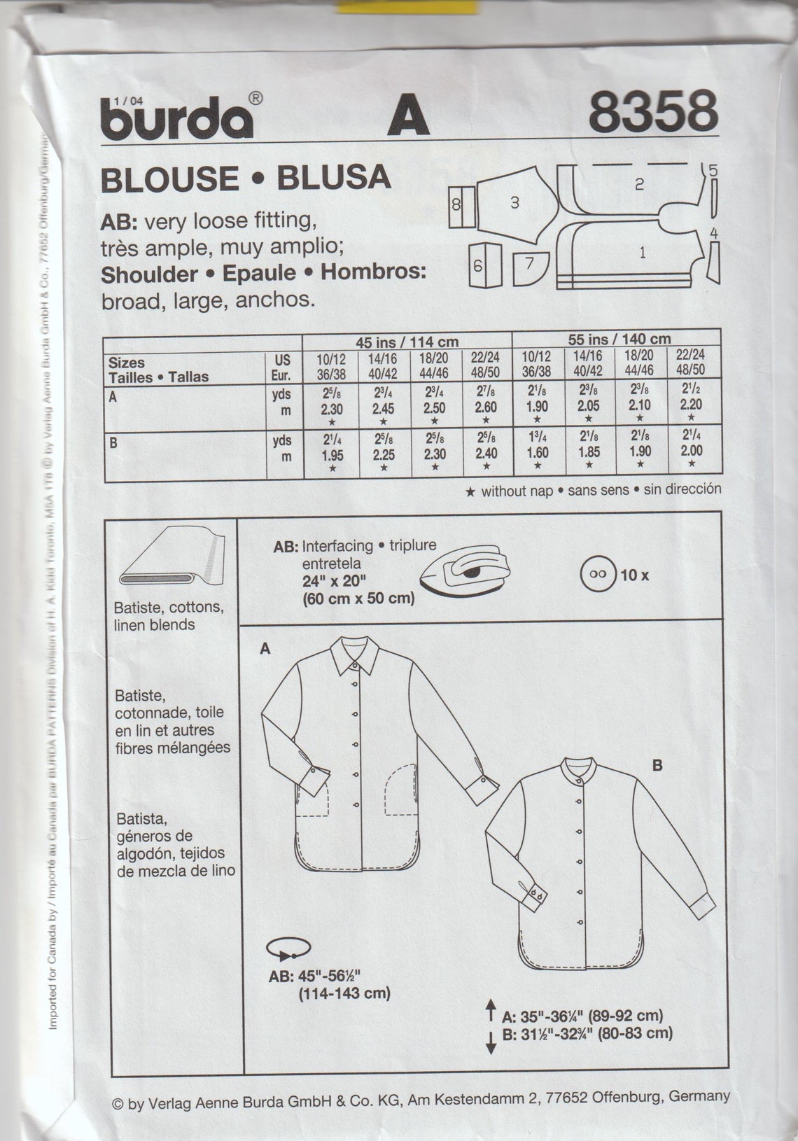 Burda Uncut Top Pattern 8358 Sizes 10-12-14-16-18-20-22-24 - Etsy