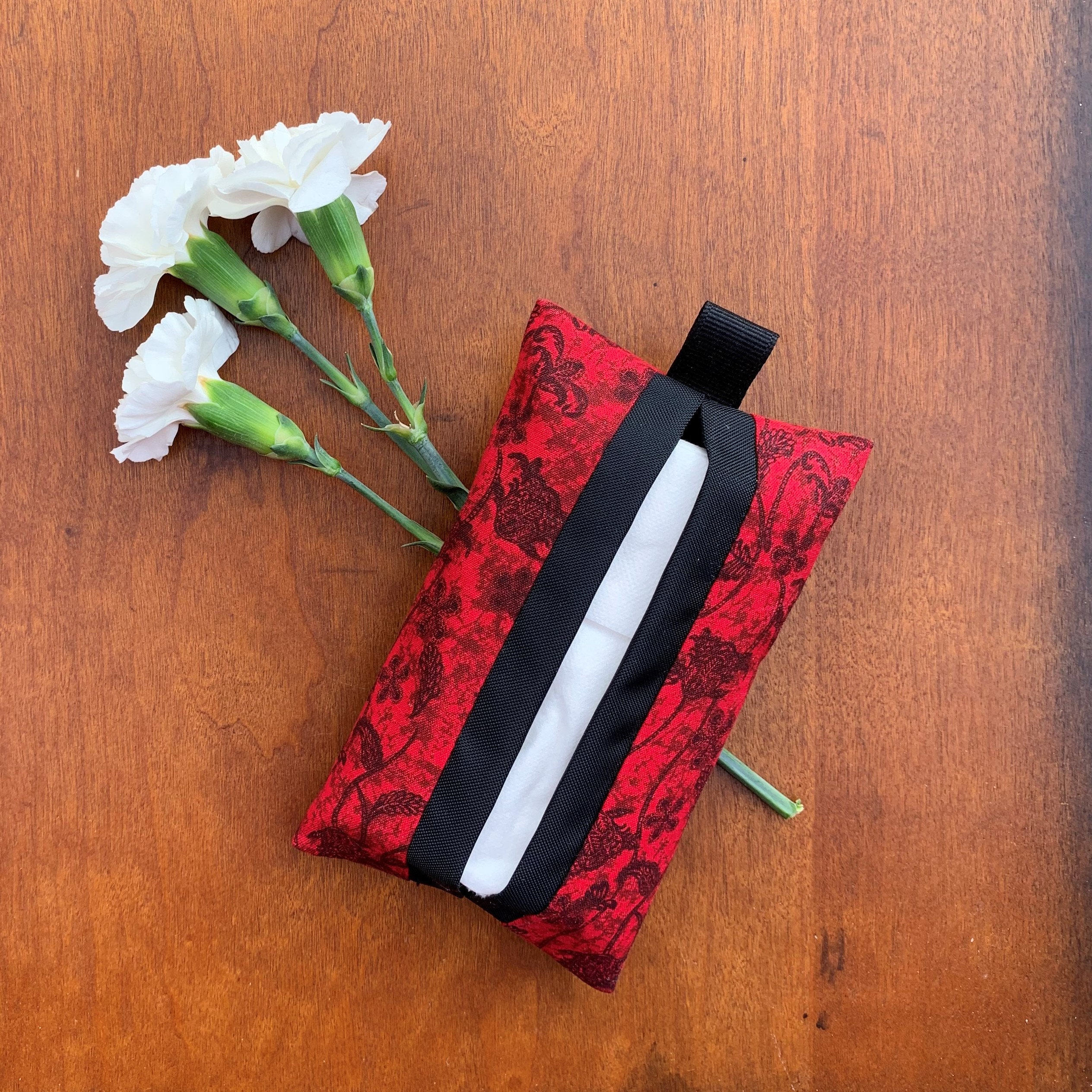 Fabric Travel Tissue Case Dramatic Black Flower on Red Background Print ...