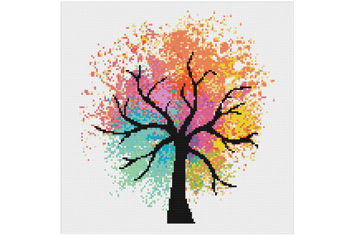 Tree Cross Stitch Pattern | Rainbow Cross Stitch | Floral Cross Stitch ...