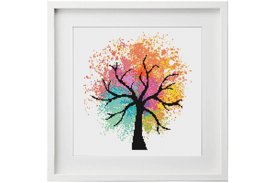 Tree Cross Stitch Pattern | Rainbow Cross Stitch | Floral Cross Stitch ...