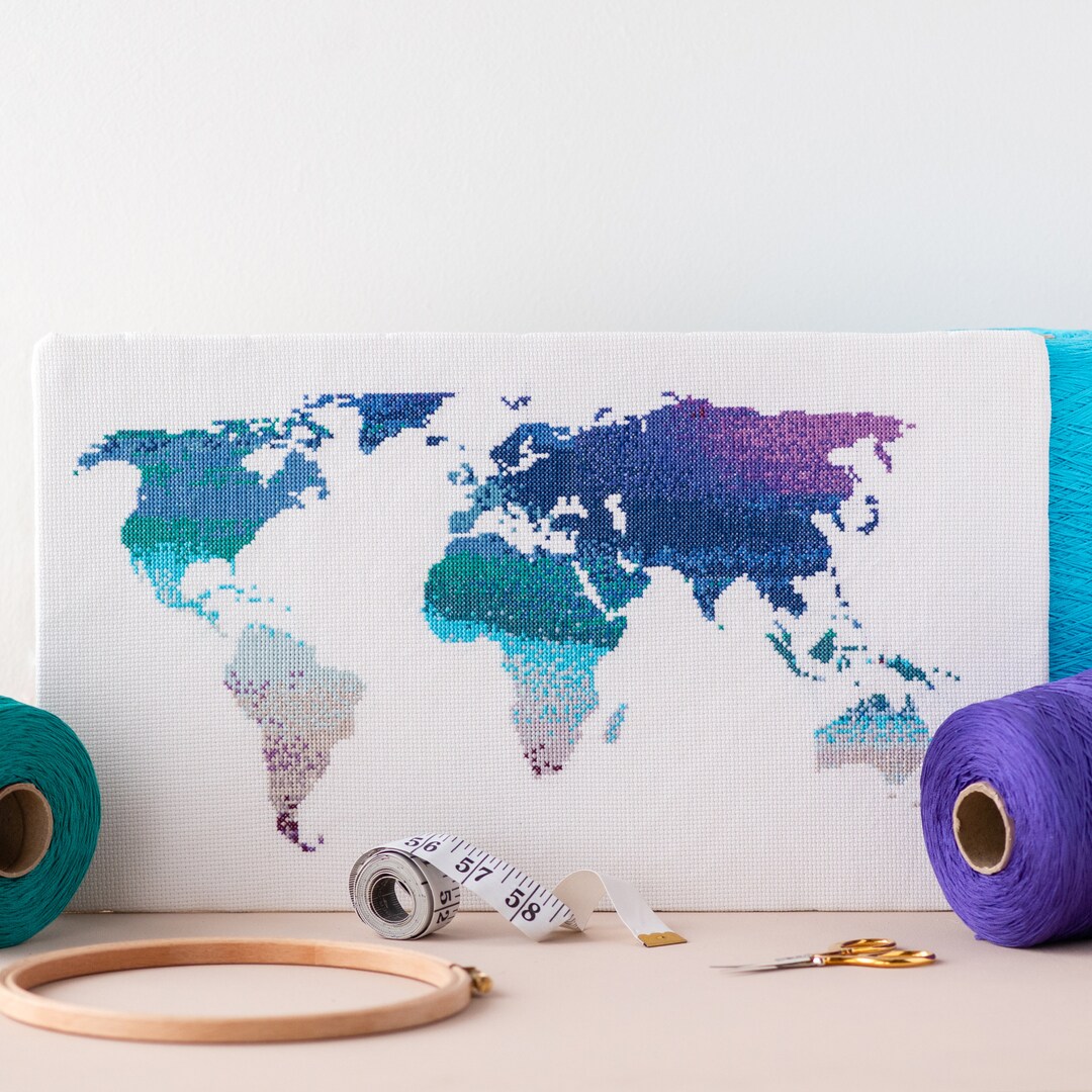 World Map Cross Stitch Pattern | Landscape Cross Stitch | Modern Cross ...